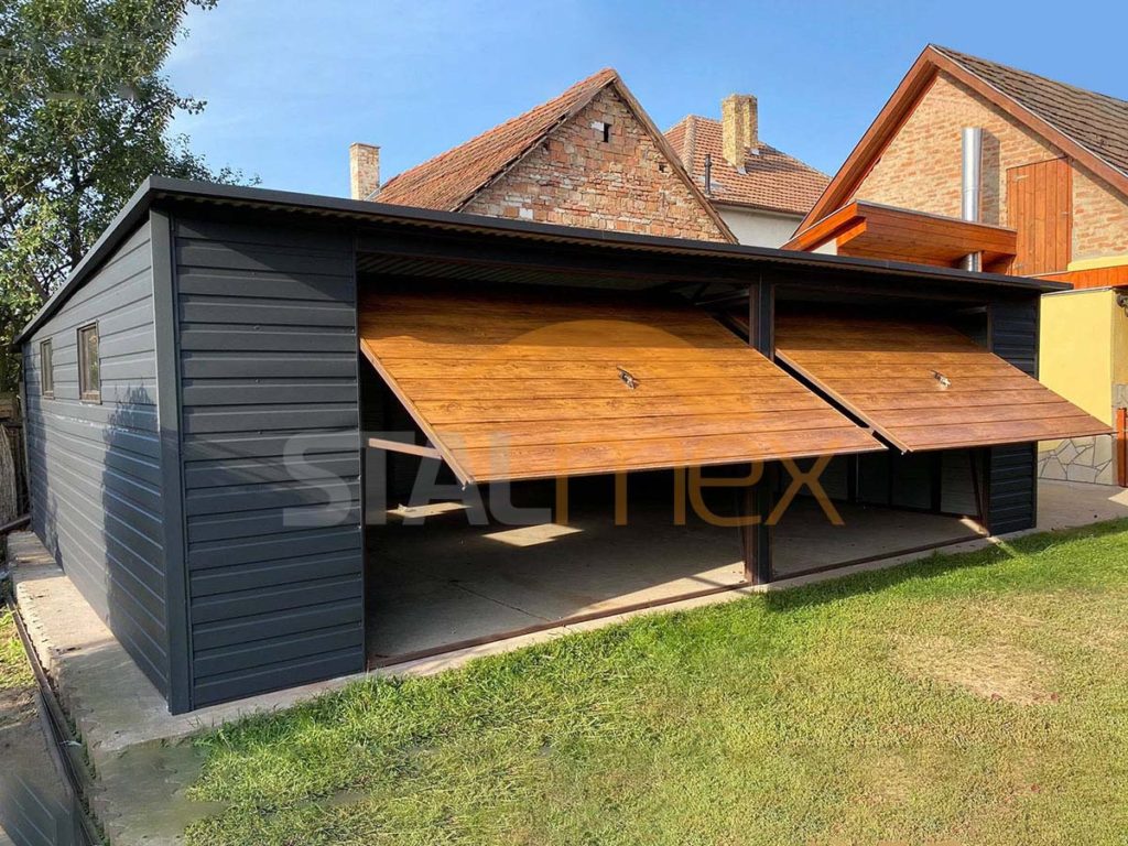 Plechová garáž 8×6×2,18 - antracitová šedá BTX 7016 MAT, spád od vrat ...